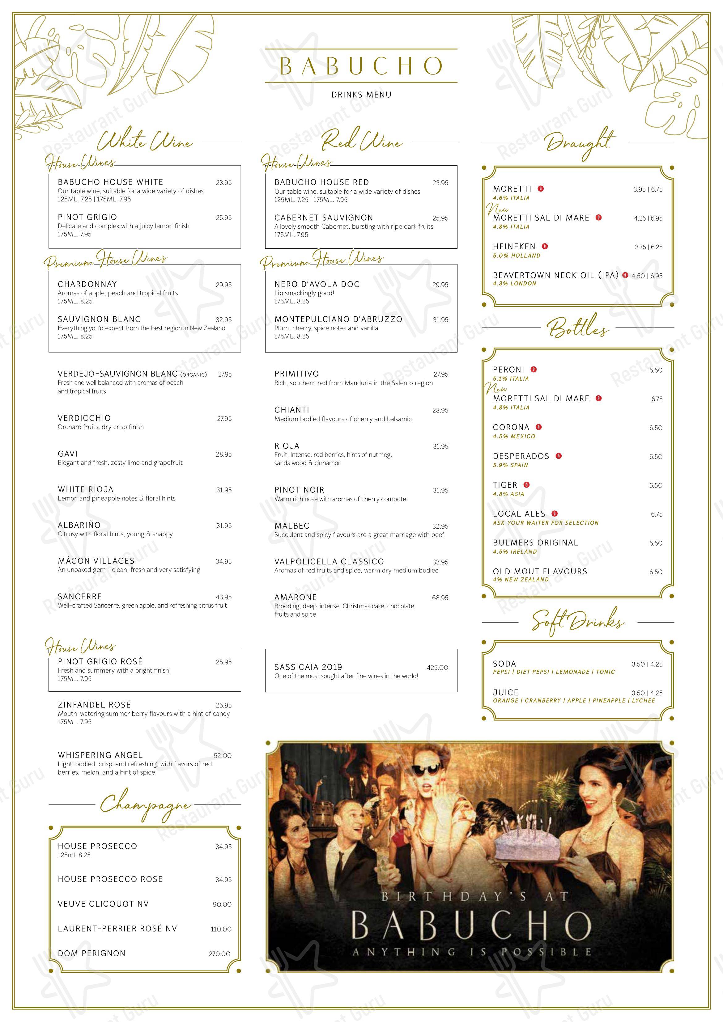 Menu at Babucho Quayside restaurant, Newcastle upon Tyne, Lower
