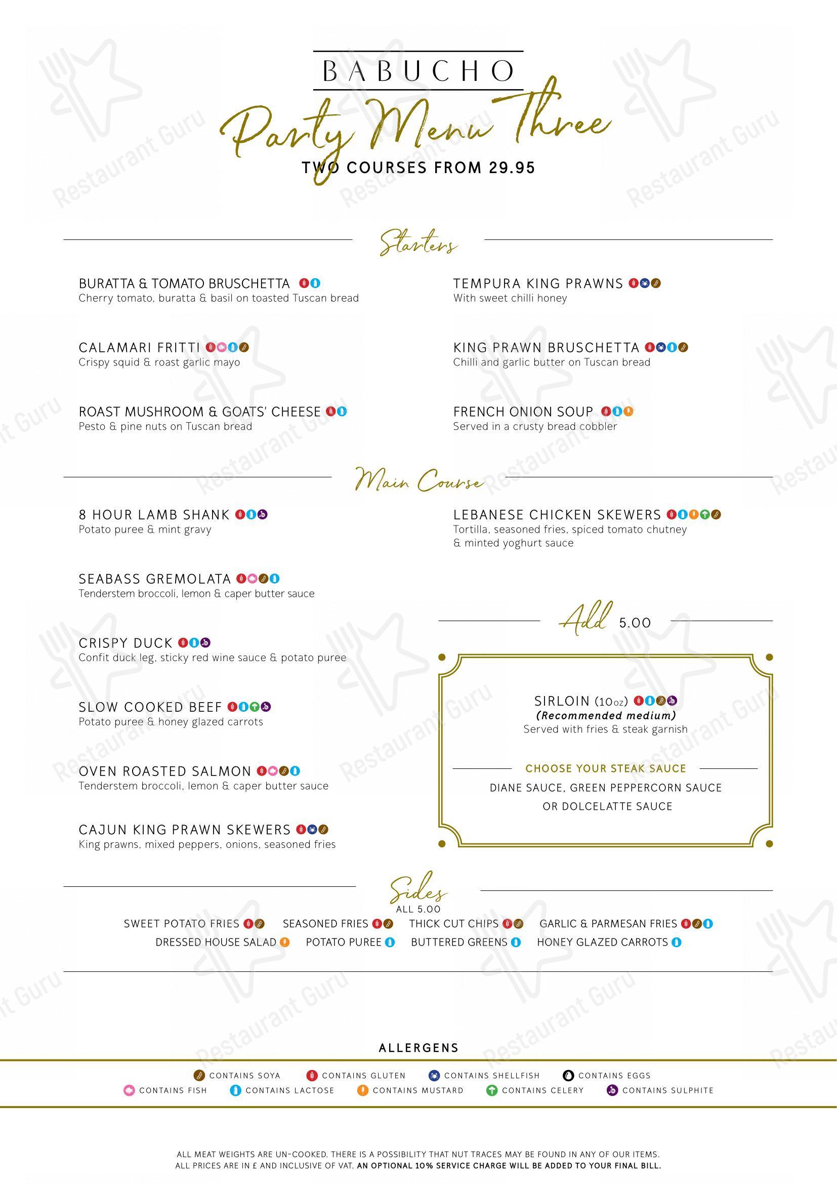 Menu at Babucho Quayside restaurant, Newcastle upon Tyne, Lower