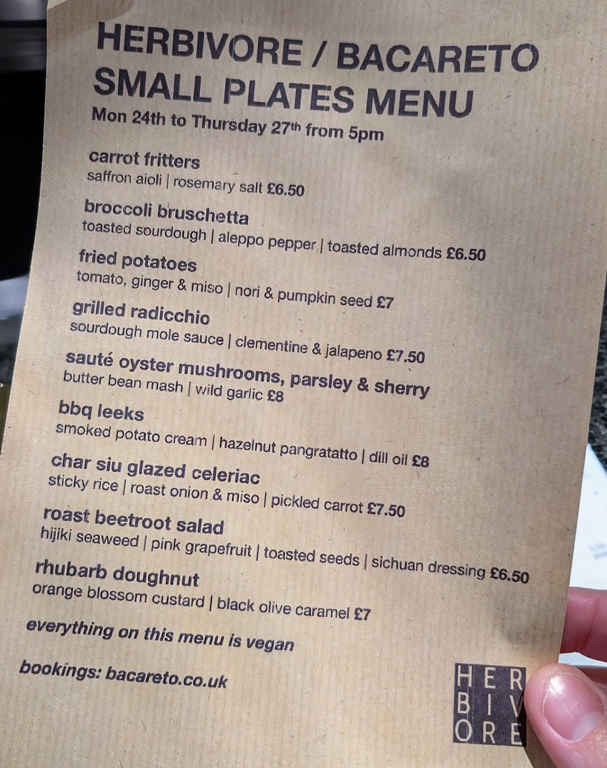 Menu at Bacareto restaurant, Cardiff