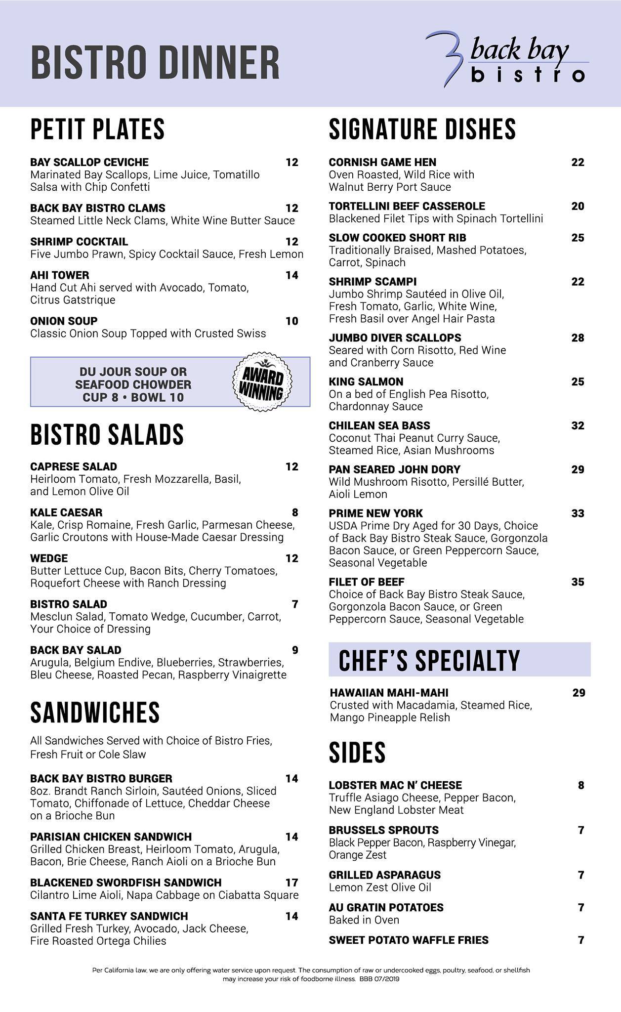 Menu at Back Bay Bistro restaurant, Newport Beach