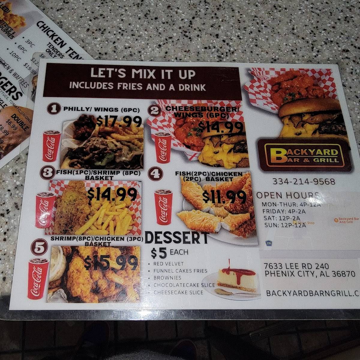 Menu at Back yard bar and grill, Smiths Station
