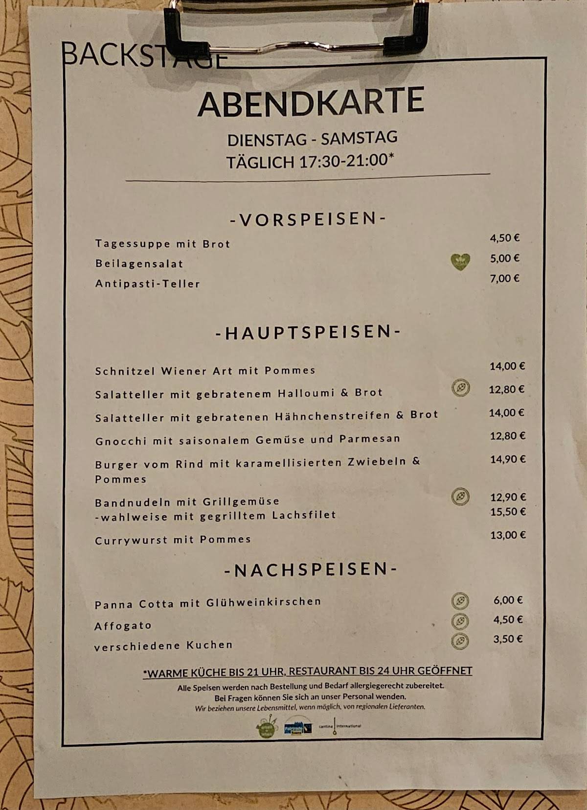 Speisekarte von Backstage Restaurant, Ingolstadt