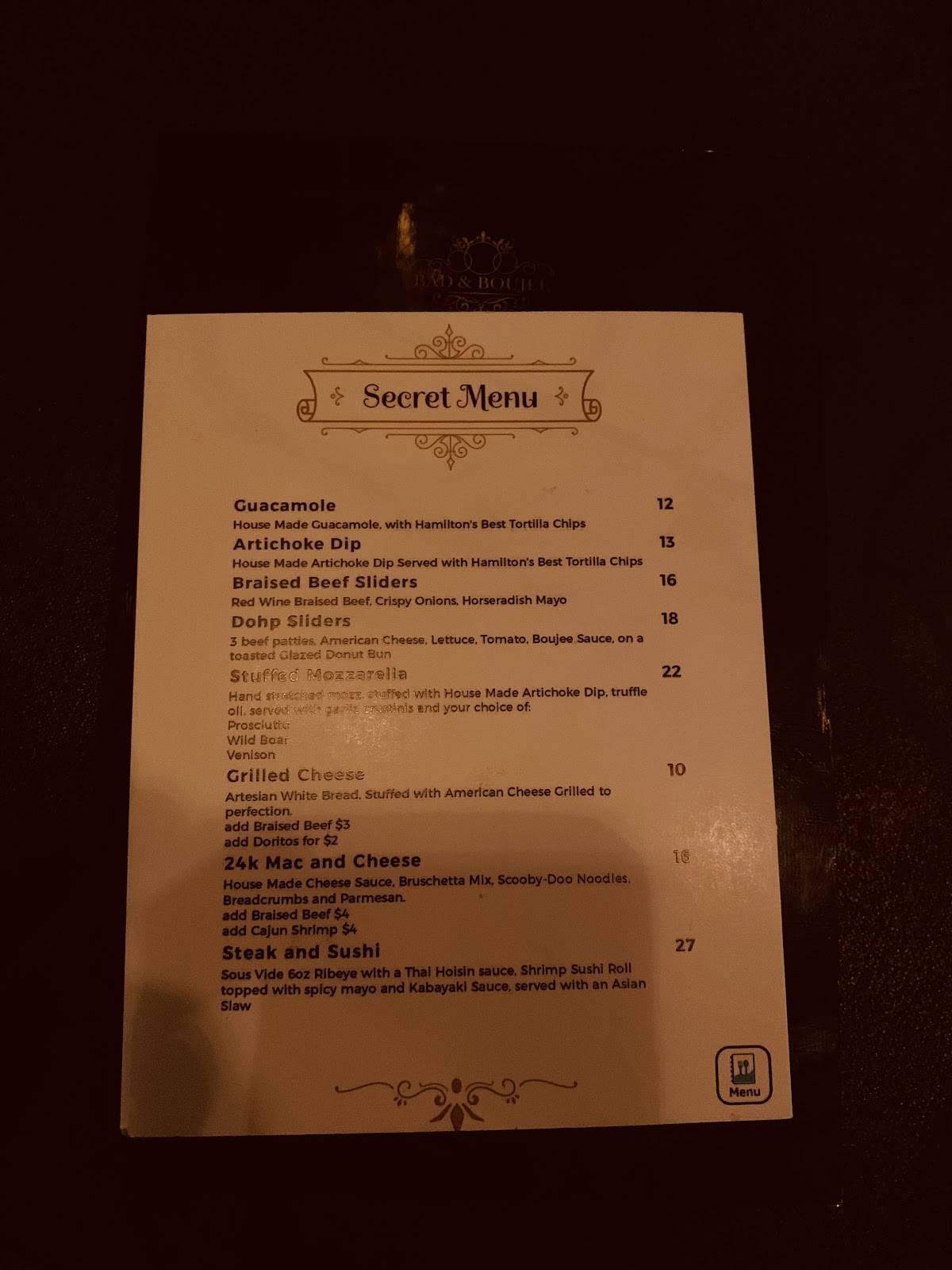 Menu at Bad and Boujee pub & bar, Hamilton