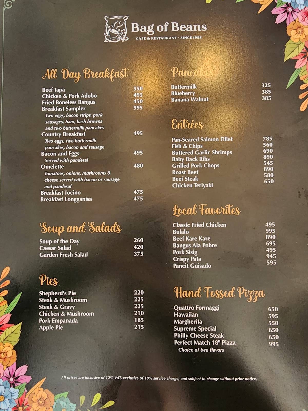 Menu at Bag of Beans Athena Branch restaurant, Tagaytay, Gen. E