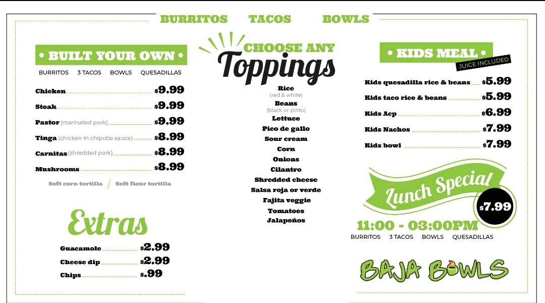 Menu at Baja Bowls restaurant, Asheboro