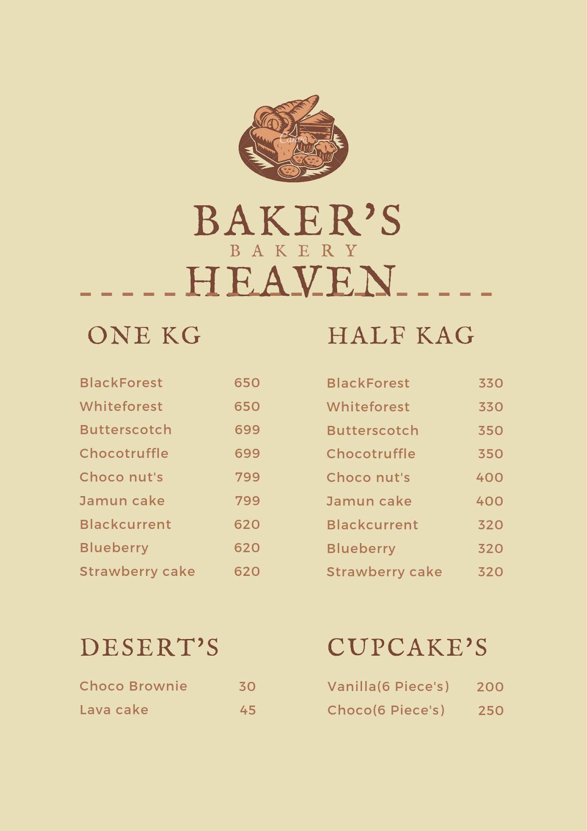 Menu at Baker's Heaven, Chennai