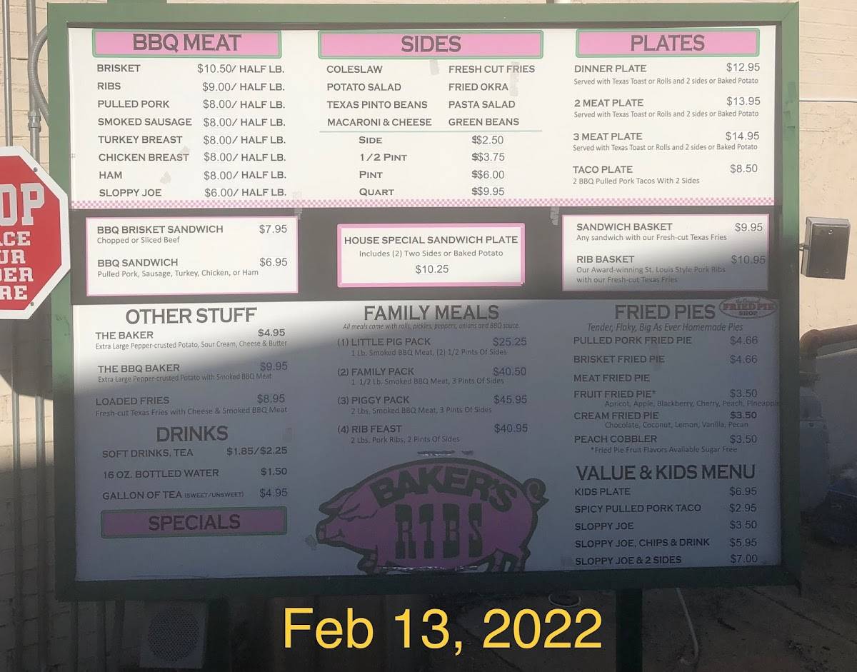 Menu at Baker's Ribs BBQ, Dallas, Northwest Hwy