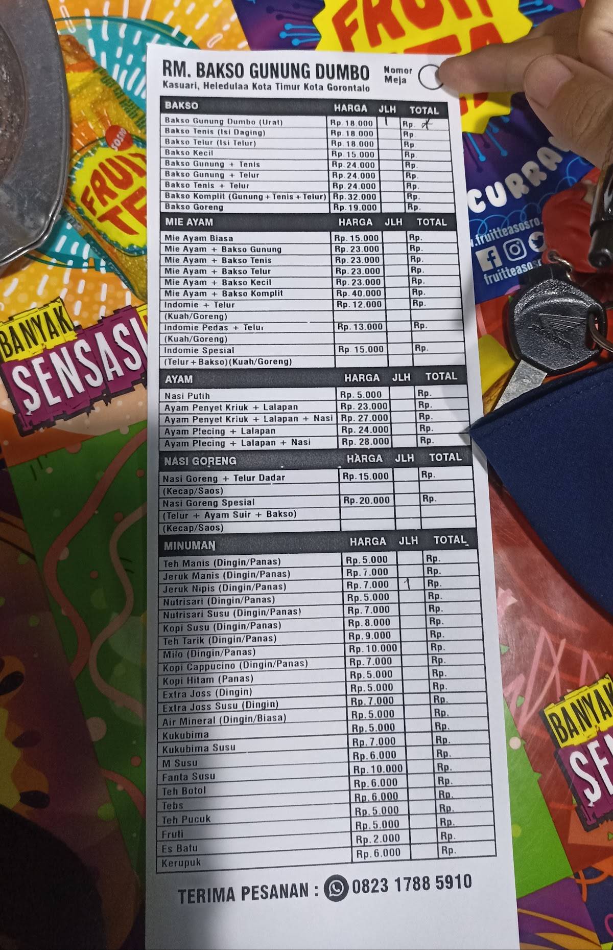 Menu at Bakso Gunung Dumbo restaurant, Gorontalo