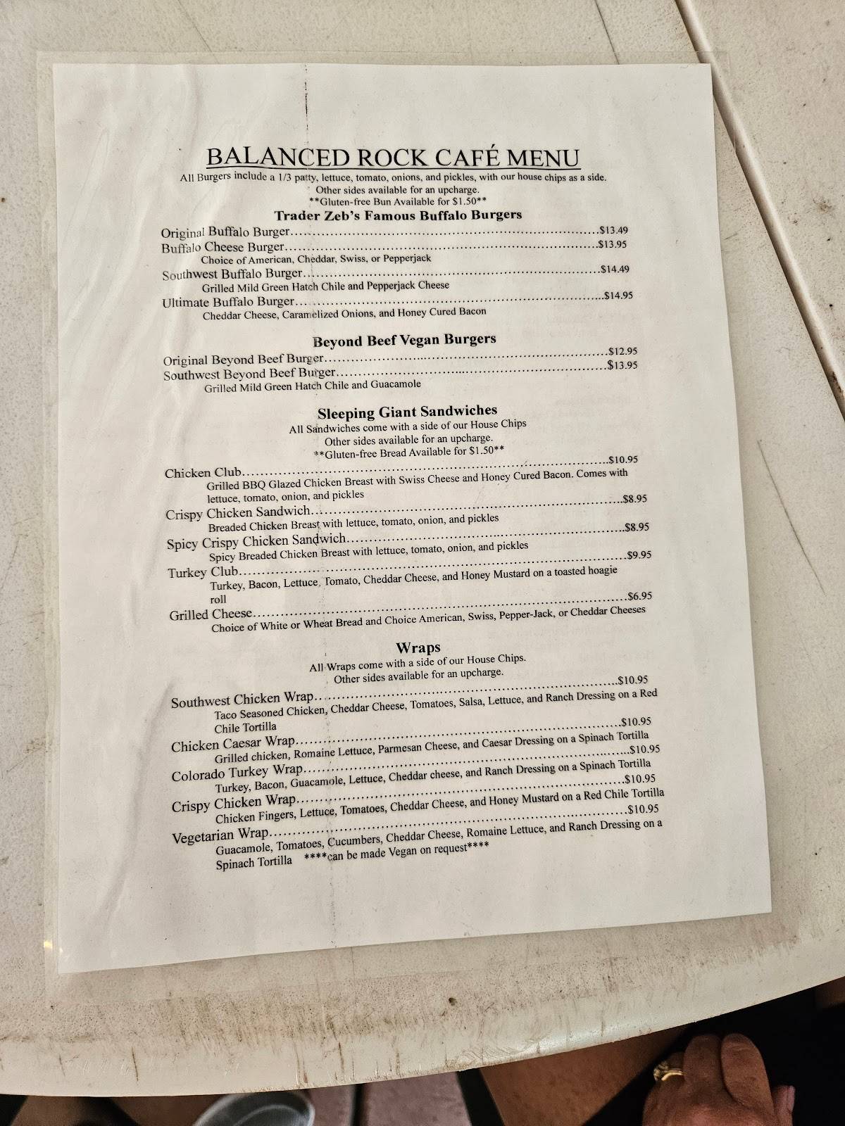 Menu at Balanced Rock Cafe, Manitou Springs, N 30th St
