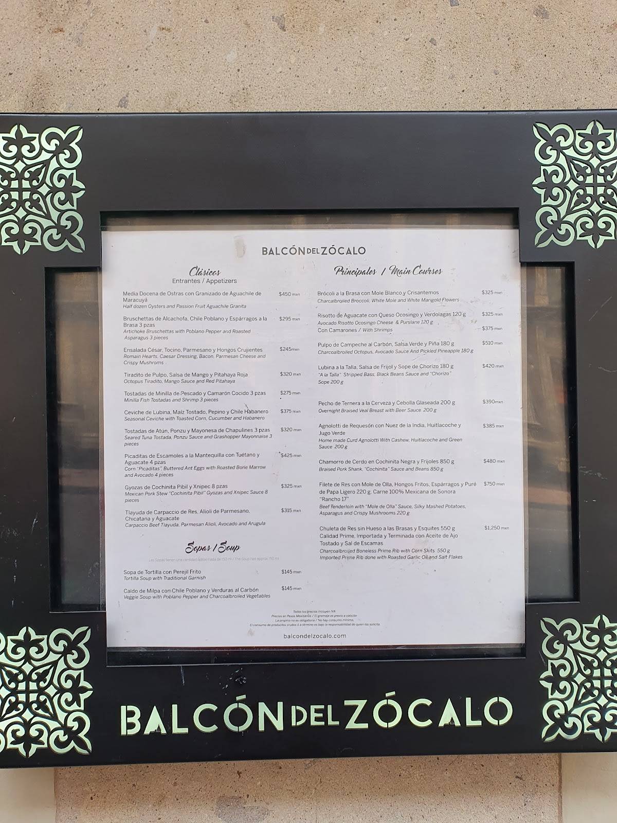 Carta del restaurante El Balcón del Zócalo, Ciudad del México, 5 De Mayo 61