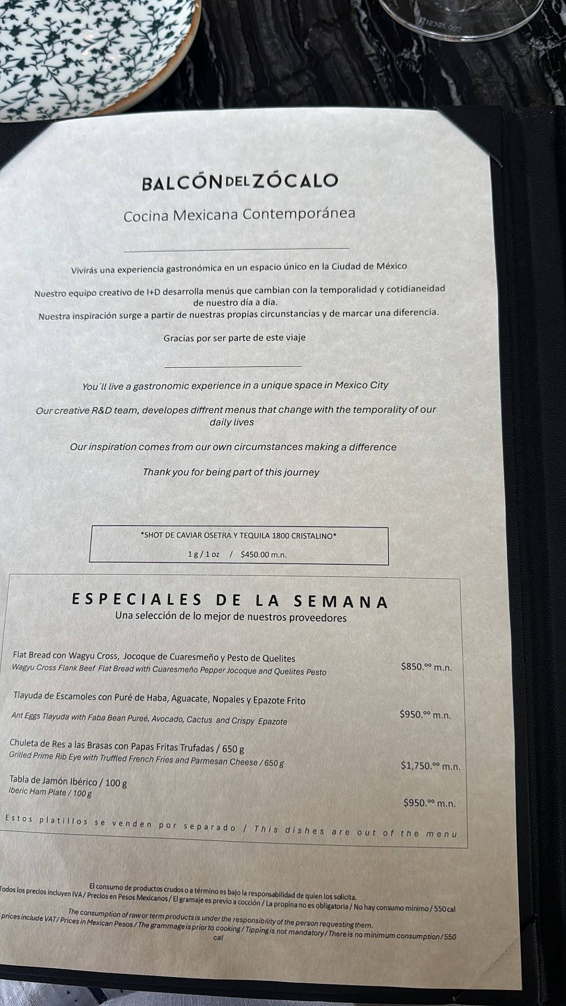 Menu at Balcón del Zócalo restaurant, Mexico City, Av. 5 de Mayo 61