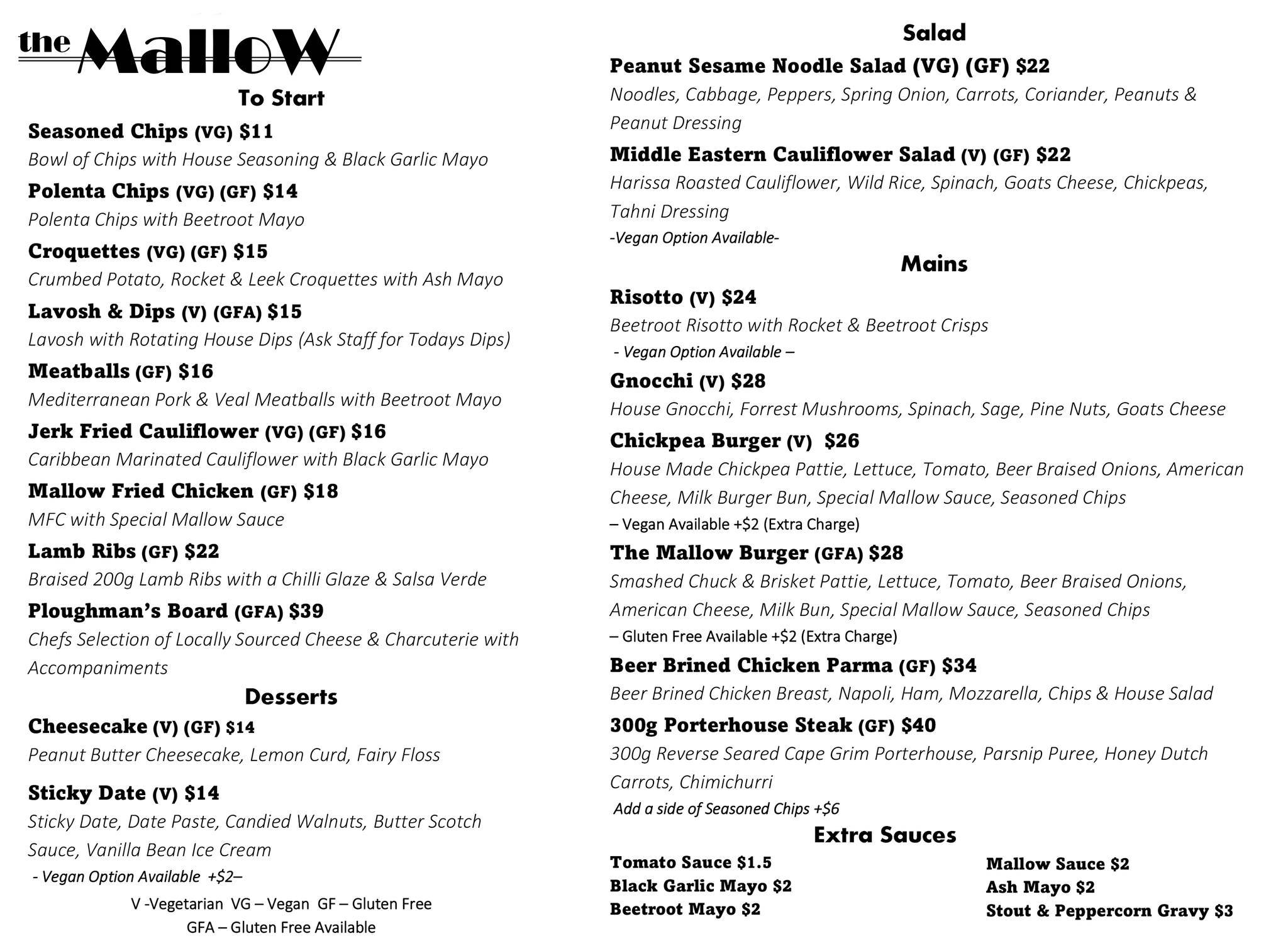 Menu at The Mallow pub & bar, Ballarat Central