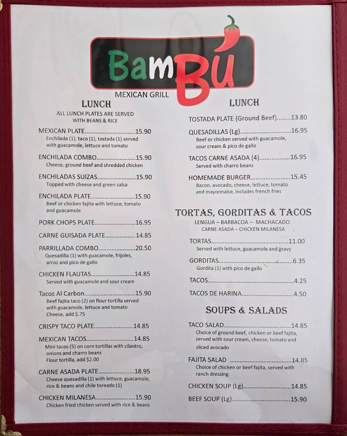 Menu at Bambú Mexican Grill restaurant, Galveston
