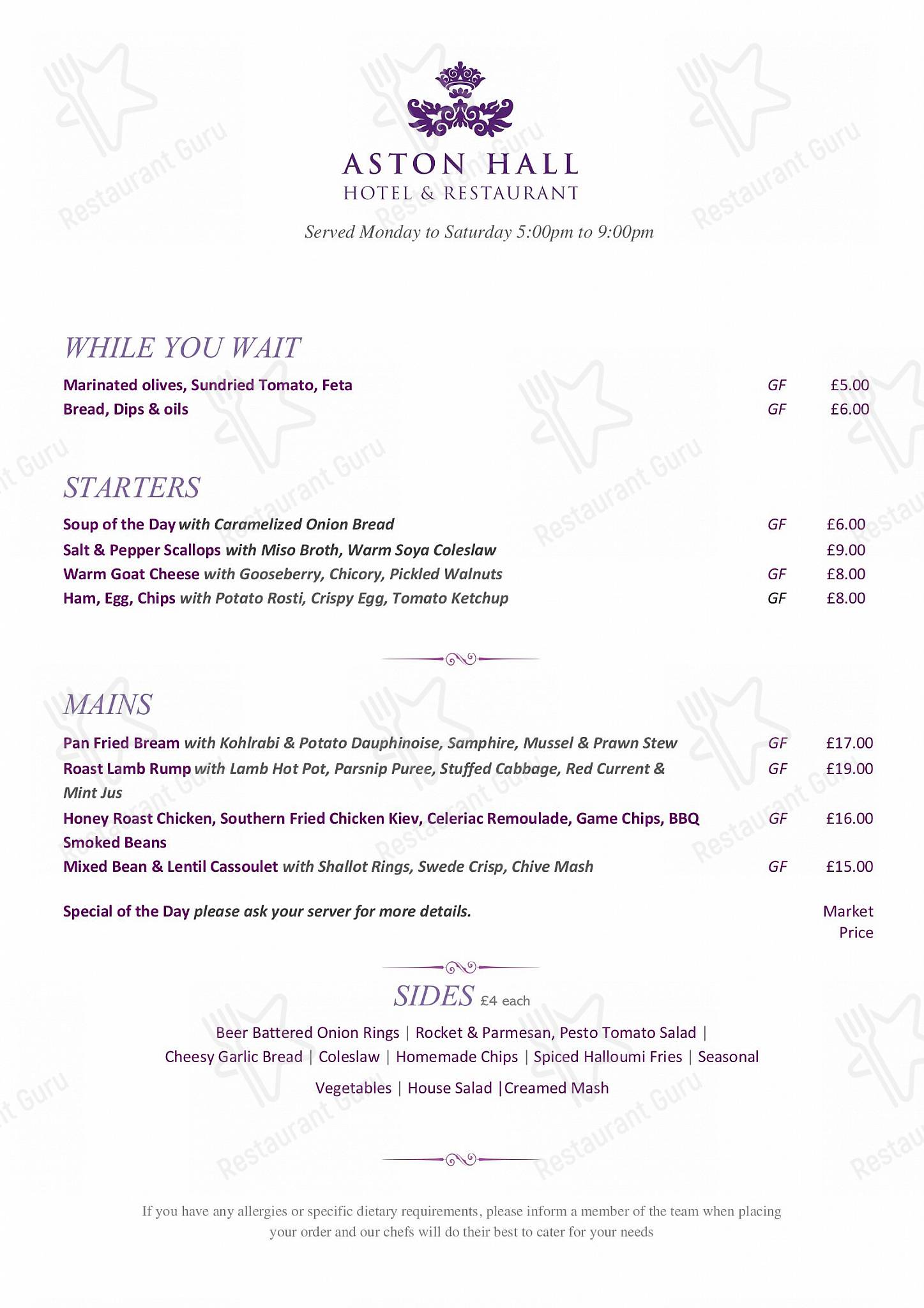 Menu at BEST WESTERN PLUS Aston Hall Hotel pub & bar, Sheffield