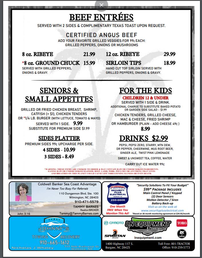Menu at Bandanas American Grill steakhouse, Burgaw, 602 US-117 Unit I