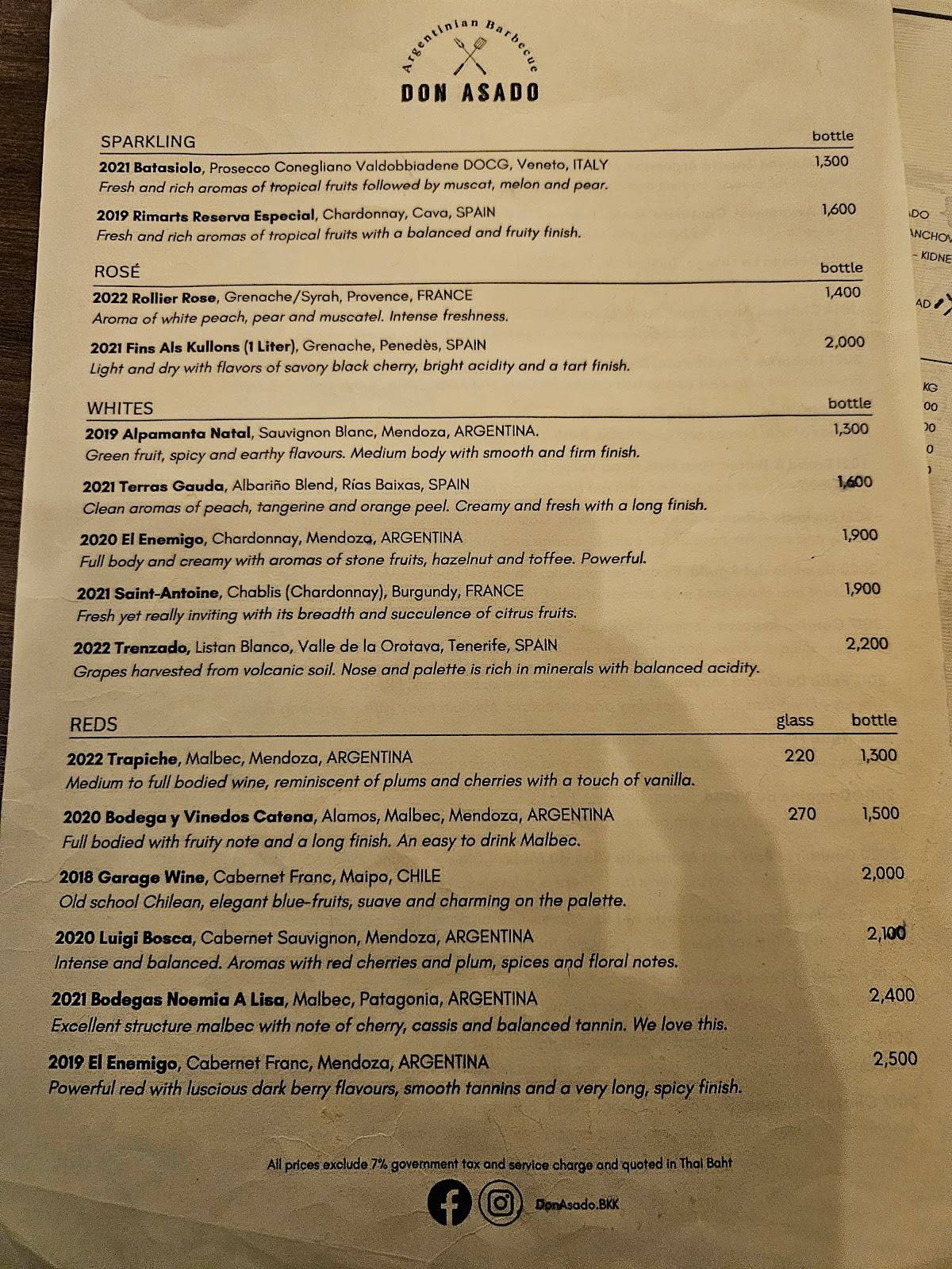 Menu at Don Asado restaurant, Bangkok
