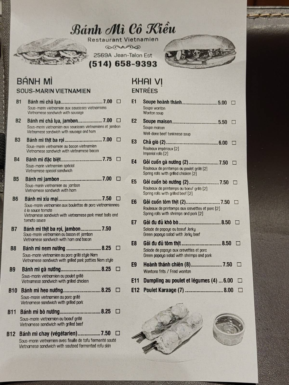 Menu au Banh Mi Co Kieu restaurant, Montréal