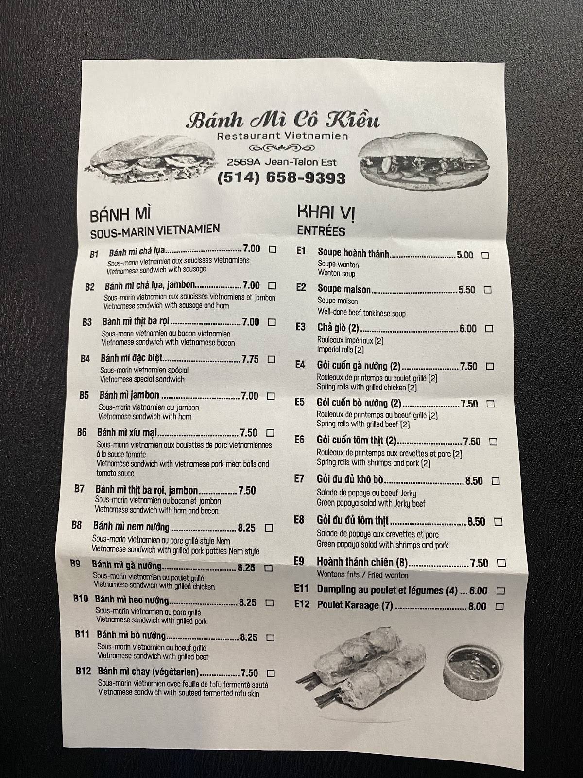 Menu au Banh Mi Co Kieu restaurant, Montréal