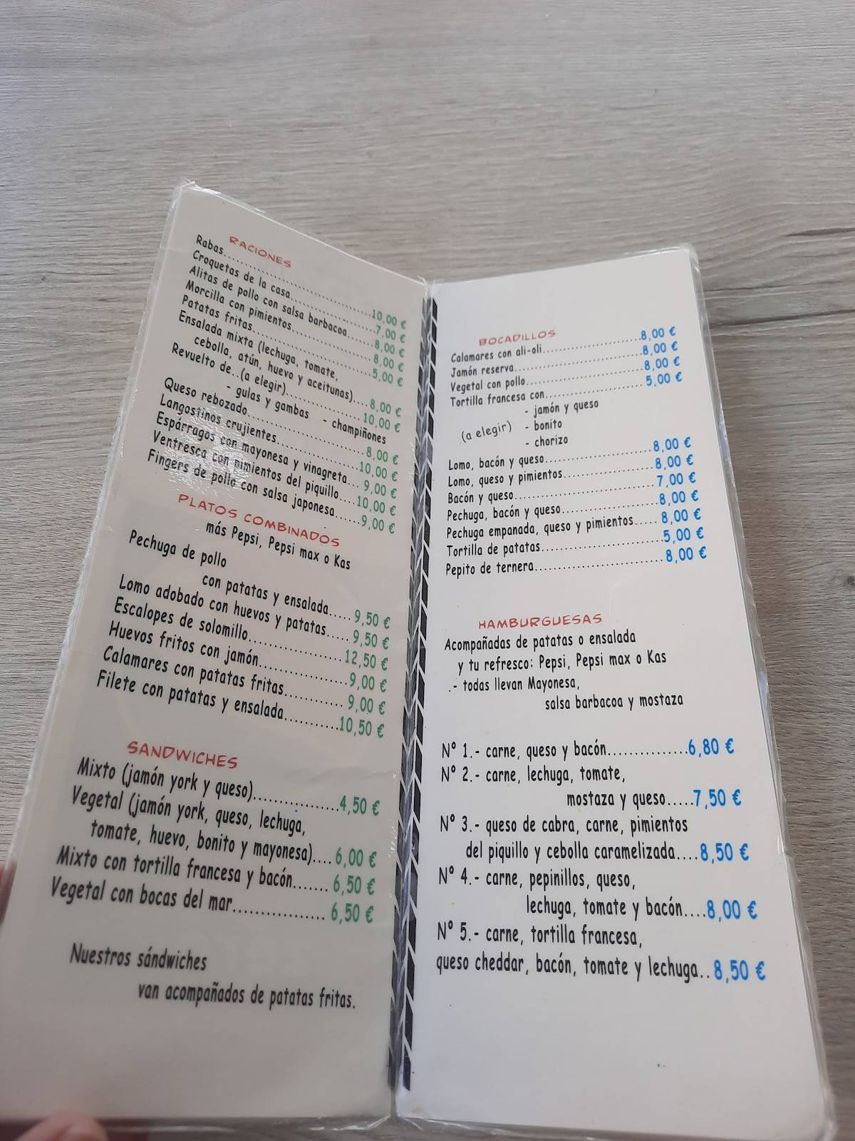 Carta de Bar Las Ruedas, Reinosa