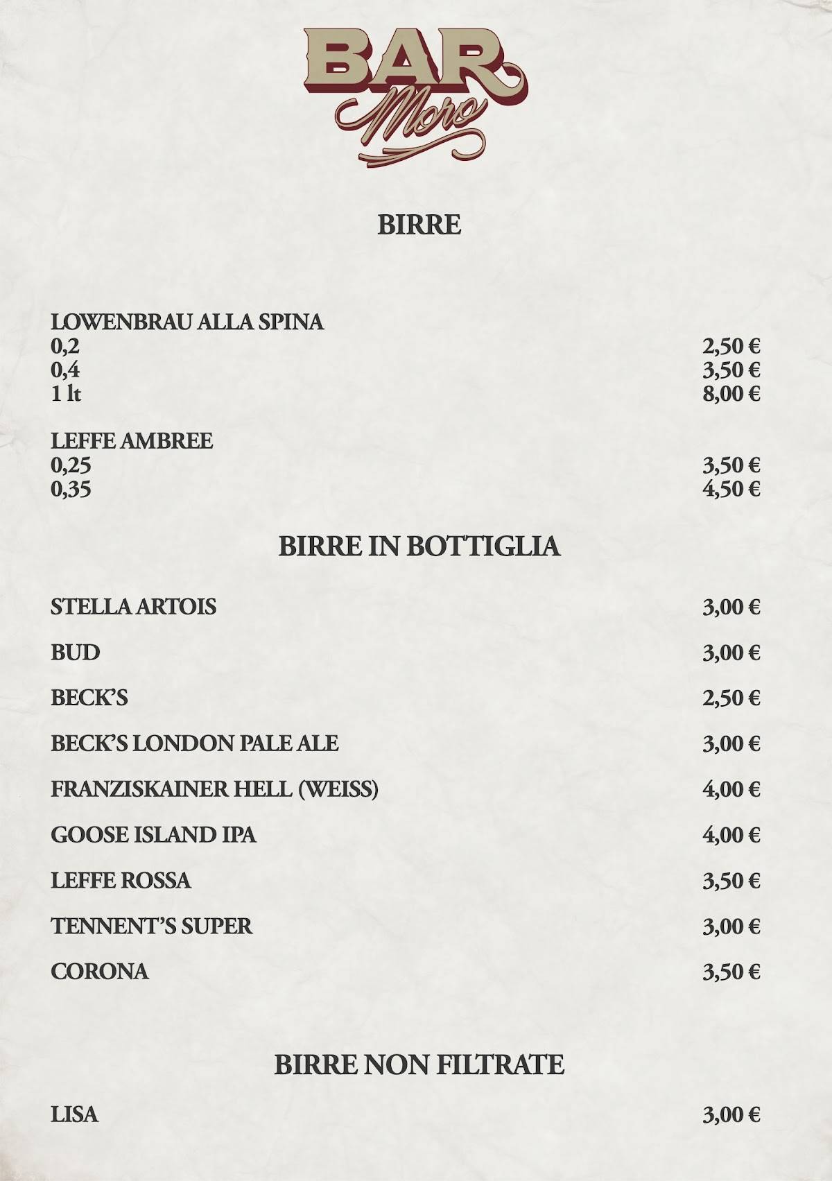 Menu da Bar Moro Obelisco - Vineria con cucina tipica leccese, Lecce