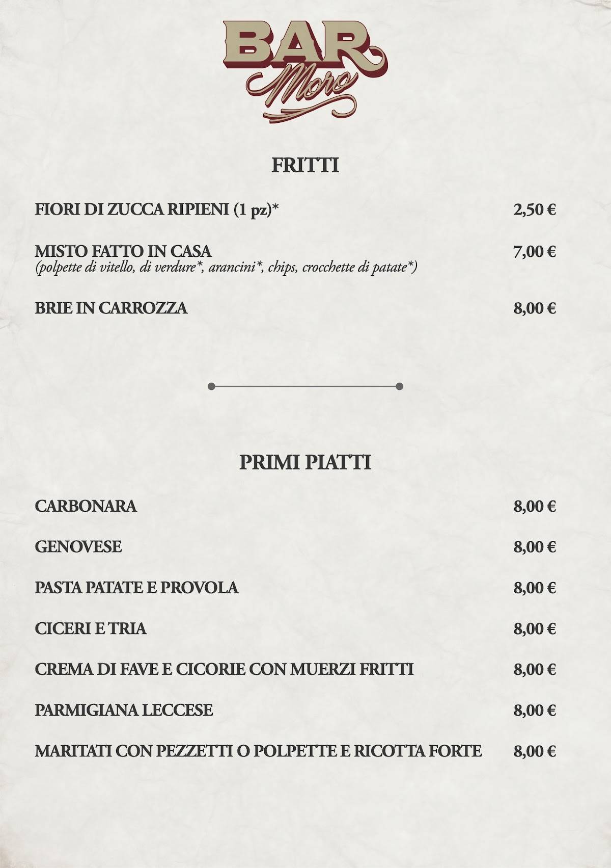 Menu da Bar Moro Obelisco - Vineria con cucina tipica leccese, Lecce