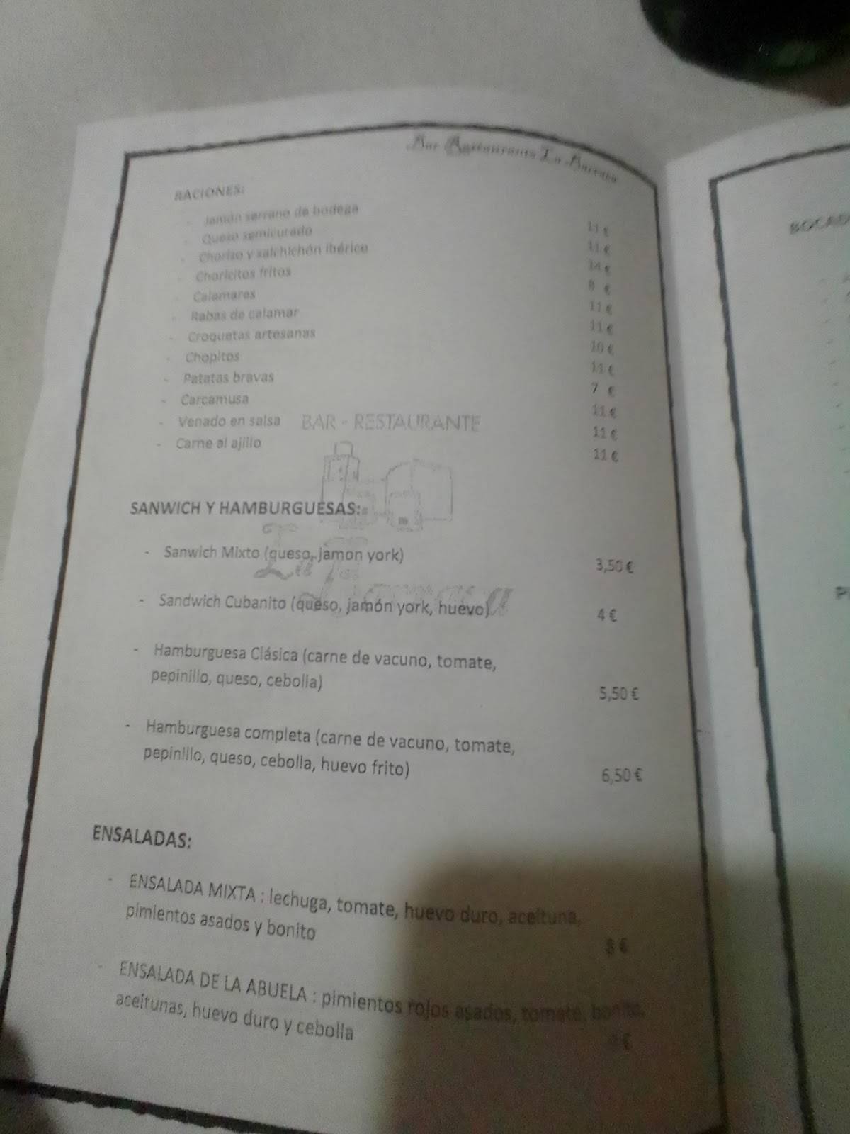 Carta de Bar-Restaurante La Barraca, Barcience