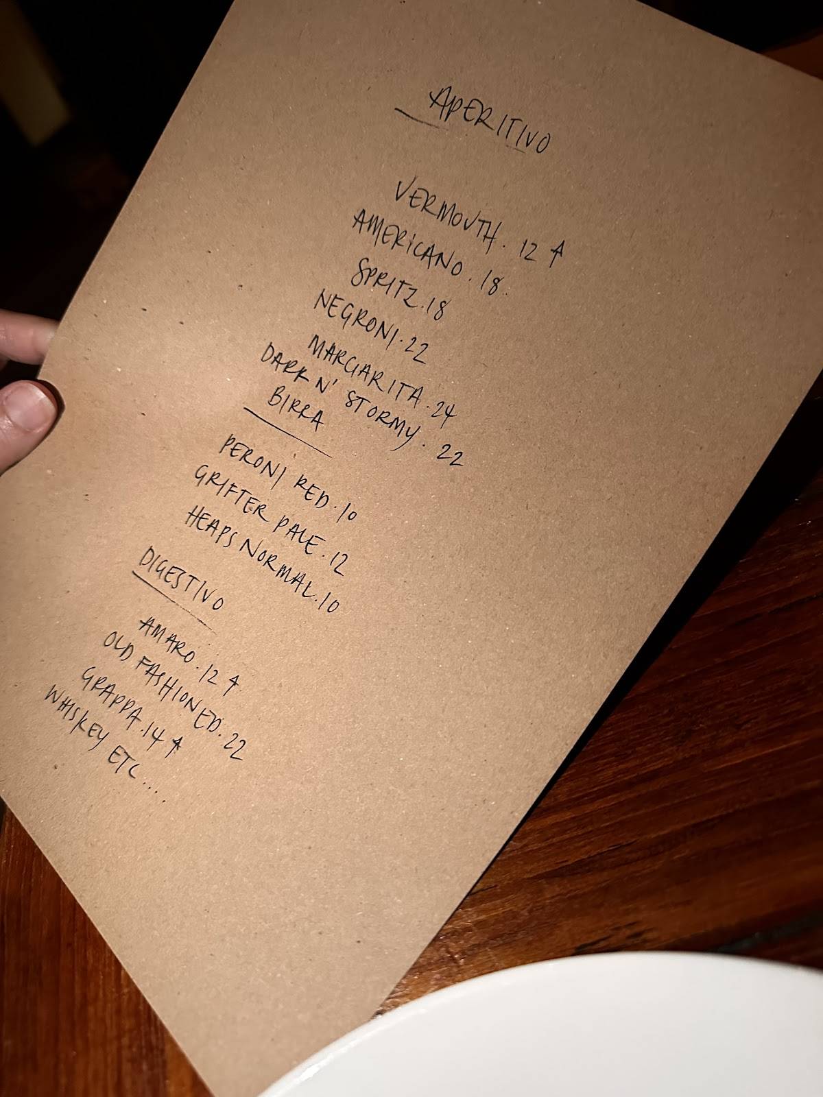 Menu at Bar Vincent, Sydney