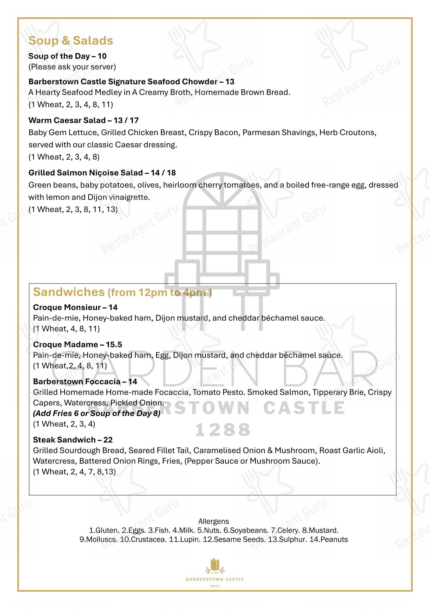 Menu at Barberstown Castle Hotel, Straffan