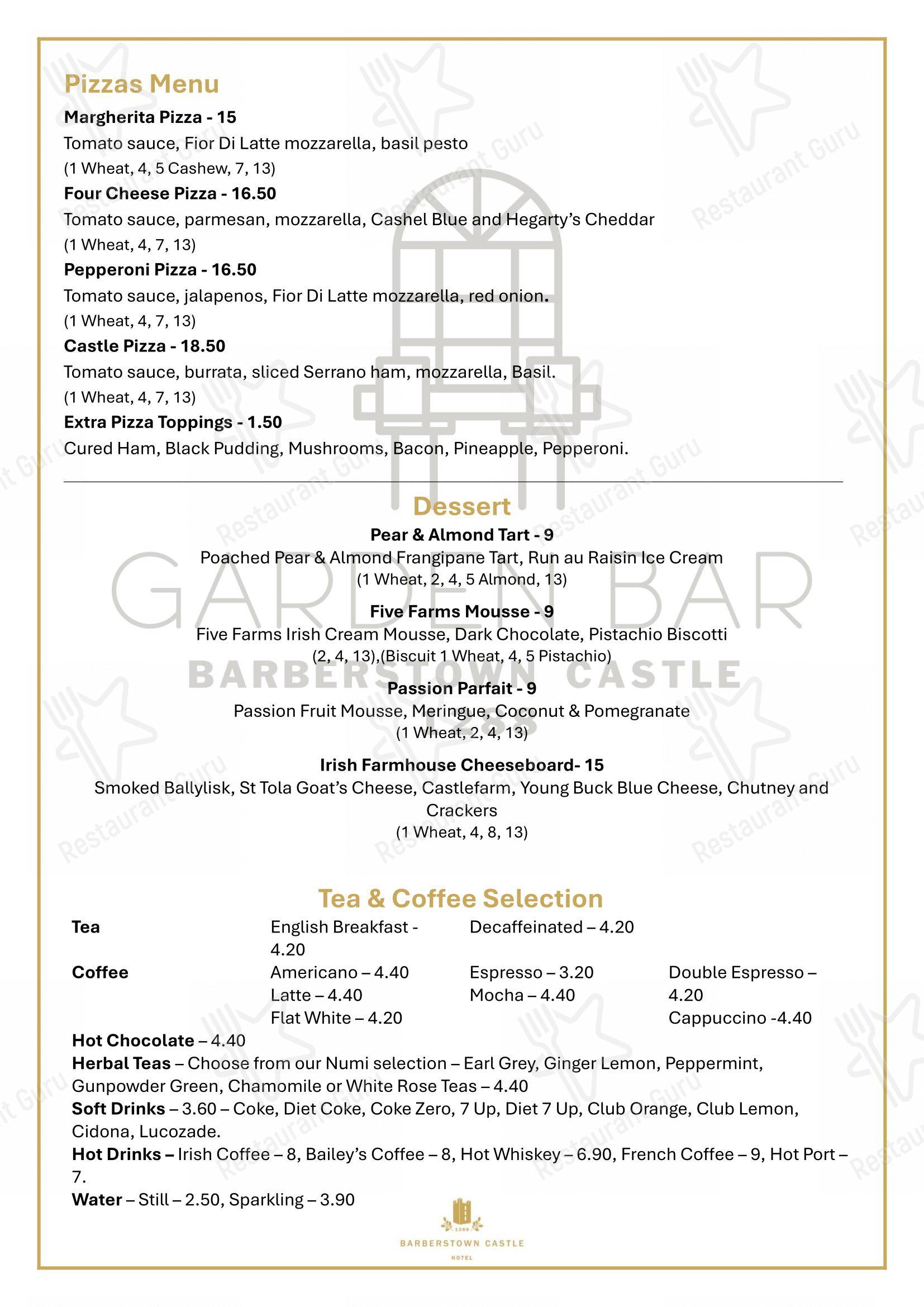 Menu at Barberstown Castle Hotel, Straffan