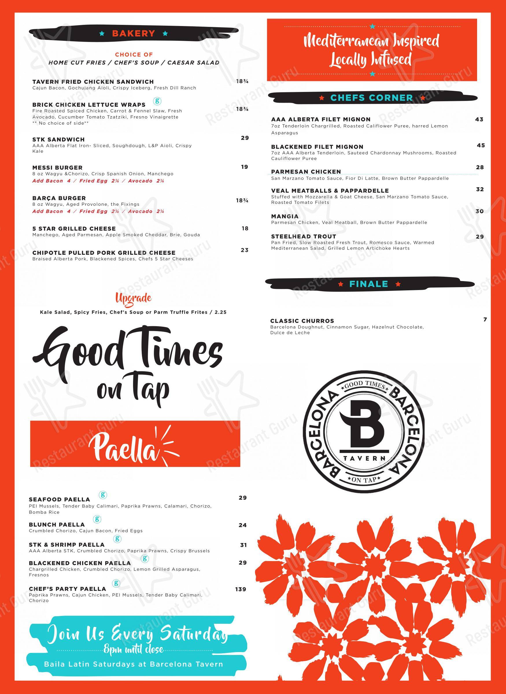 Menu at Barcelona Tavern, Calgary