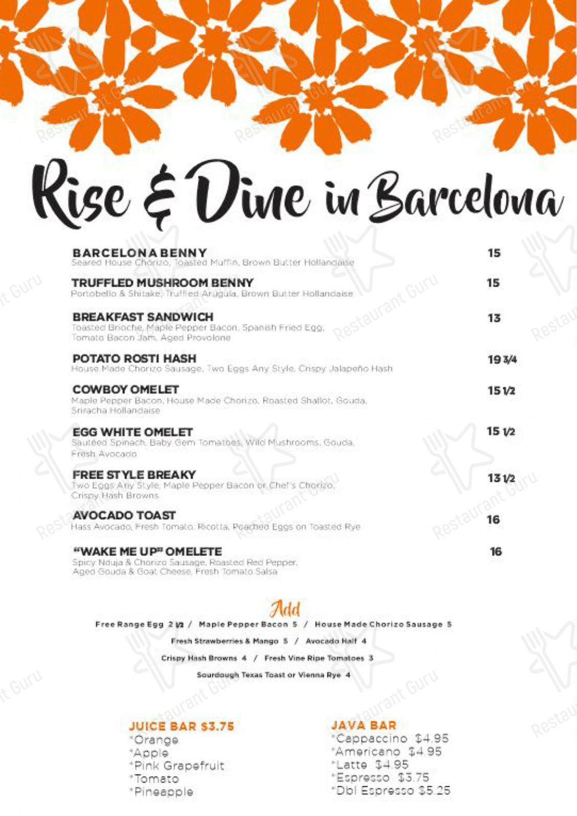Menu at Barcelona Tavern, Calgary
