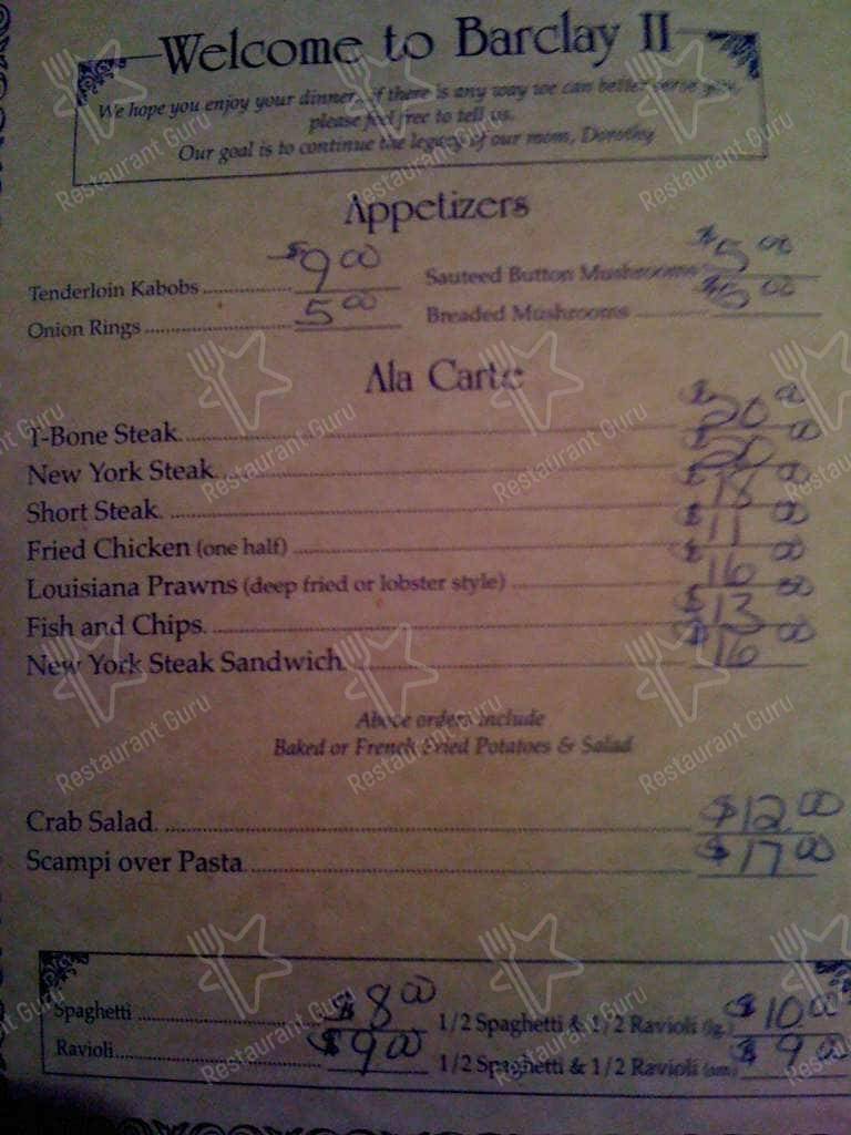 Menu at Barclay II Supper Club, Anaconda