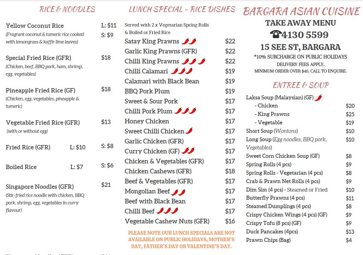 Menu at Bargara Asian Cuisine, Bargara