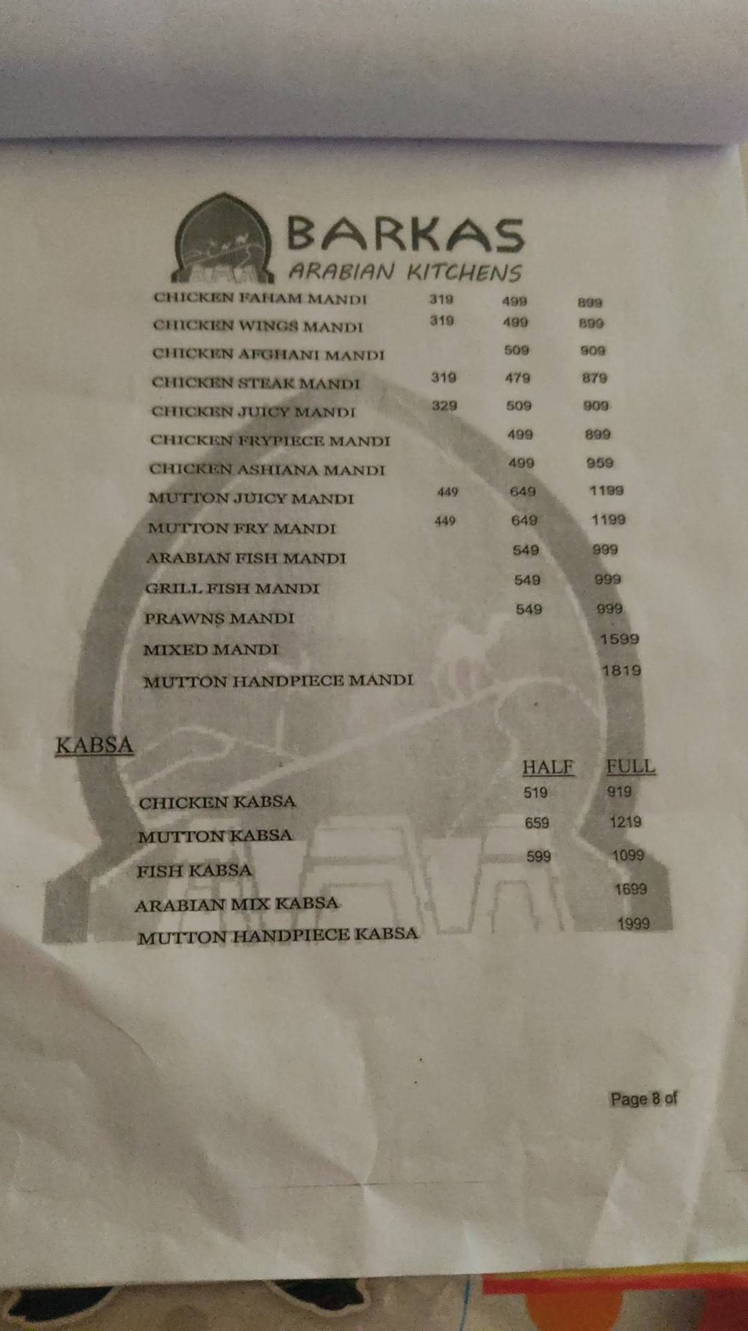 Menu at Barkas Arabian Kitchens, Rajahmundry, Near