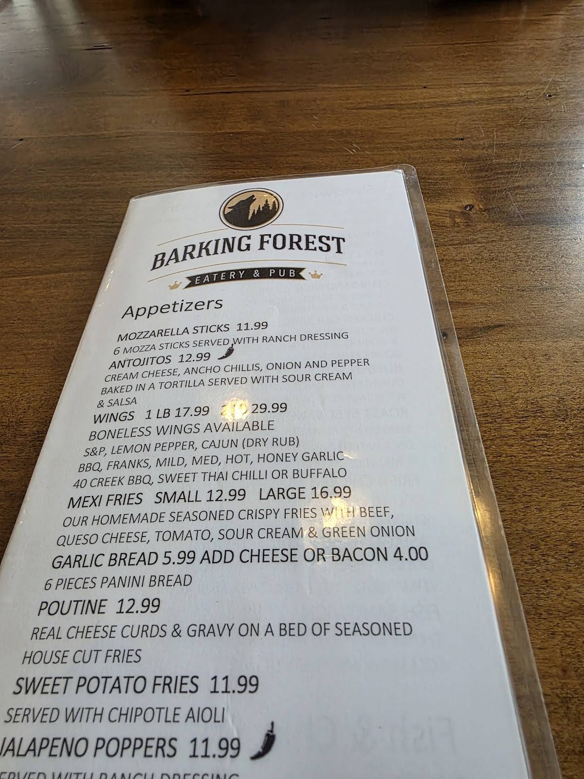 Menu at Barking Forest Eatery and Pub, Lambton Shores
