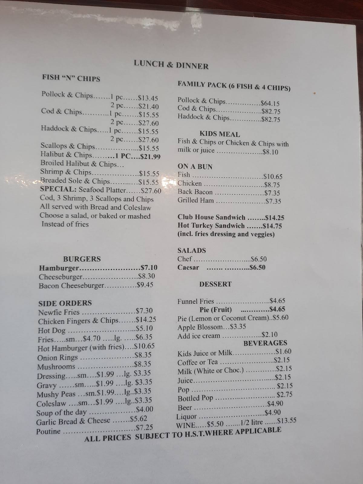 Menu at Barnacle Bill's, Cambridge, 47 Grand Ave S