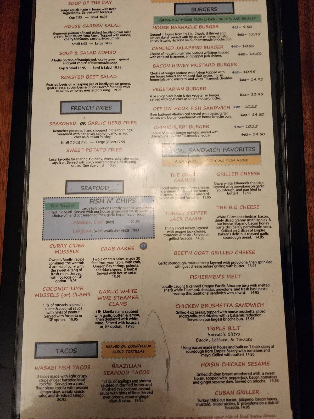 Menu at Barnacle Bistro, Gold Beach