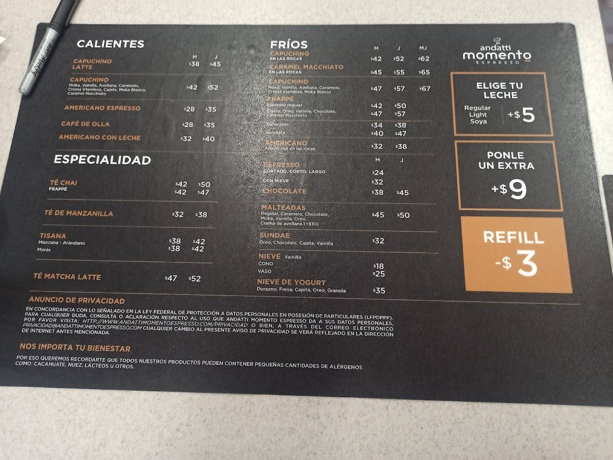 Menu at Barra Momento Andatti, Monterrey