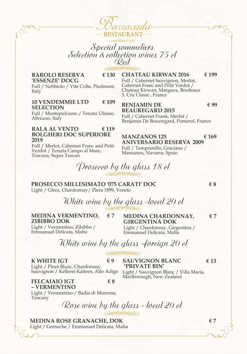 Menu at Barracuda Restaurant, Saint Julian's
