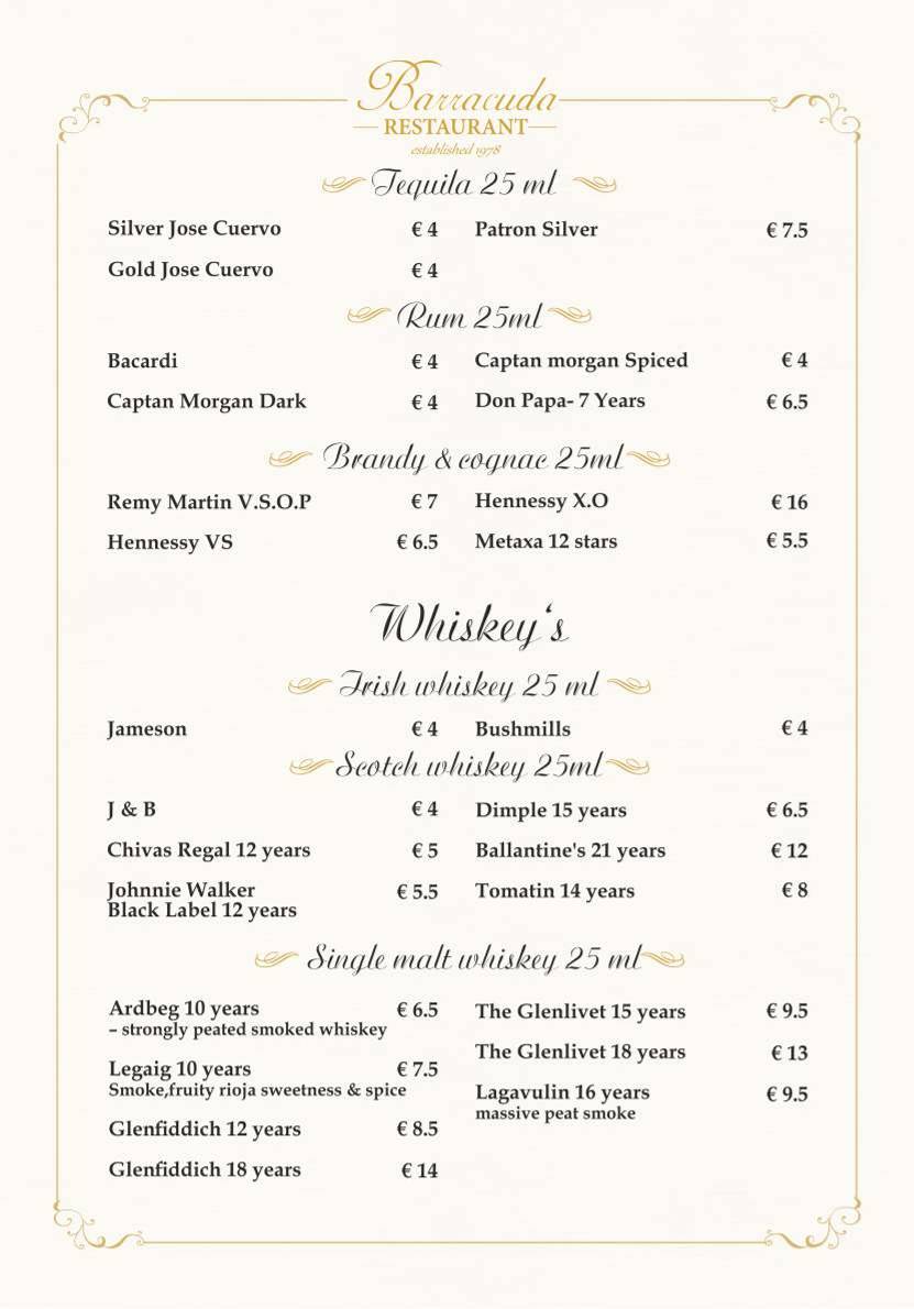 Menu at Barracuda Restaurant, Saint Julian's