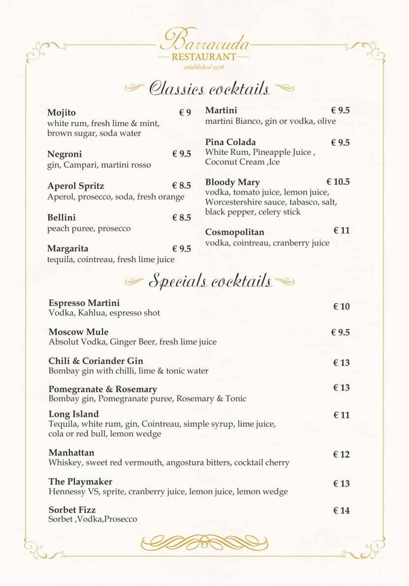 Menu at Barracuda Restaurant, Saint Julian's