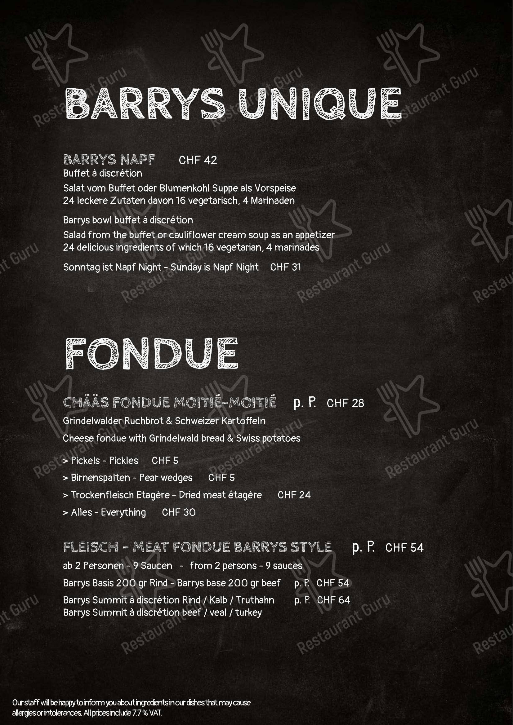 Menu at Barrys Restaurant, Bar & Lounge, Grindelwald, Dorfstrasse 133