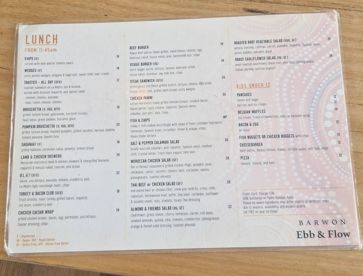 Menu at Barwon Ebb & Flow, Barwon Heads