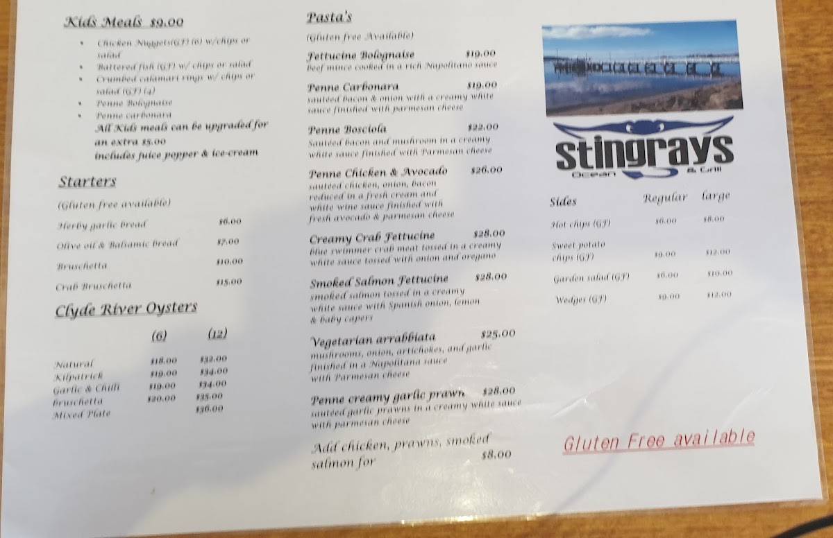 Menu at Stingrays Ocean & Grill pub & bar, Batemans Bay
