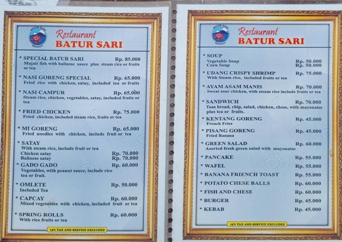 Menu at Batur Sari Restaurant, Kedisan, Penelokan Main Rd