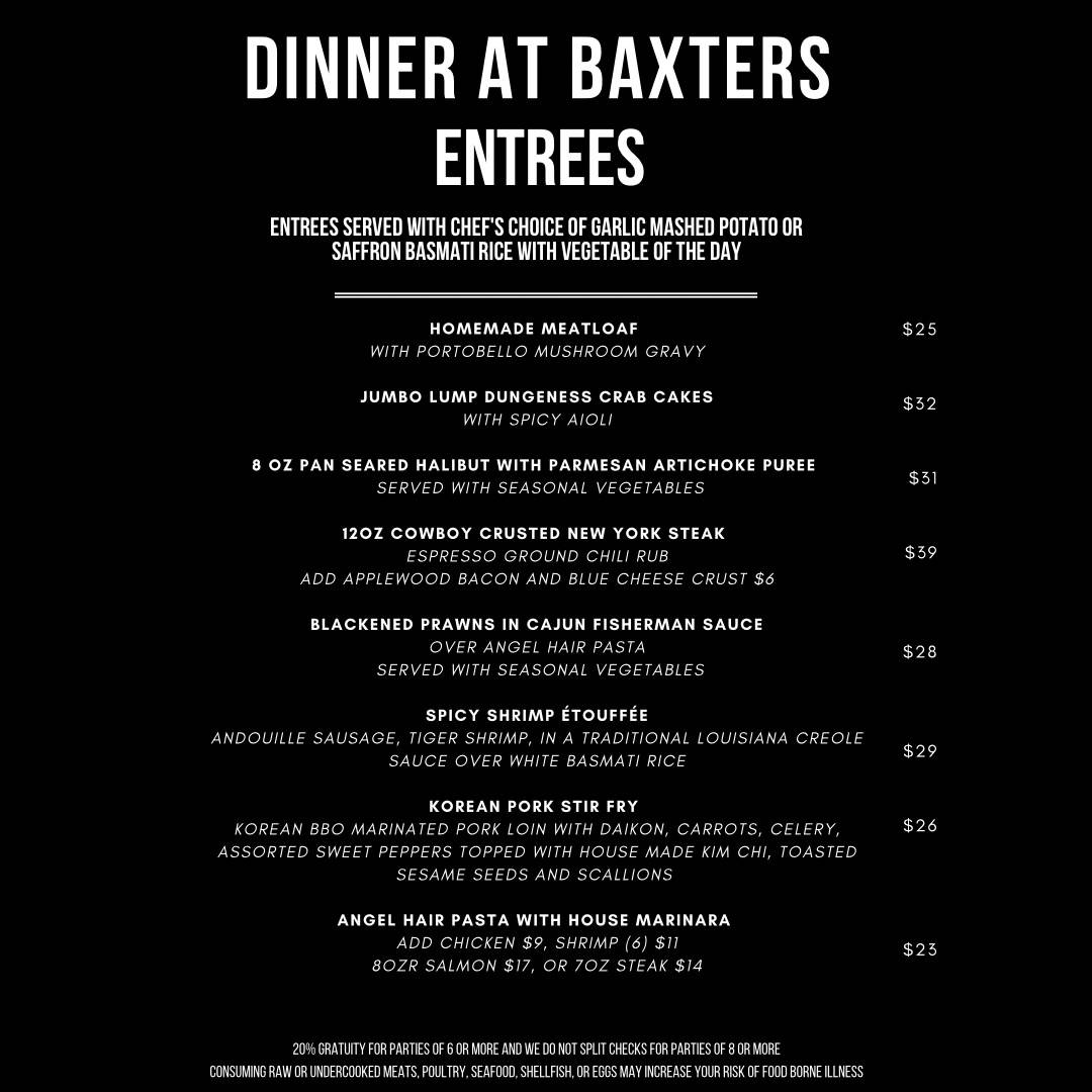 Menu at Baxters on Cedar pub & bar, Sandpoint, 109 Cedar St
