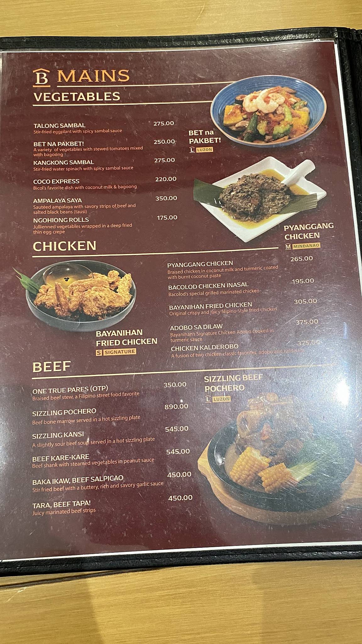 Menu at Bayanihan Native Cuisine restaurant, Cebu City