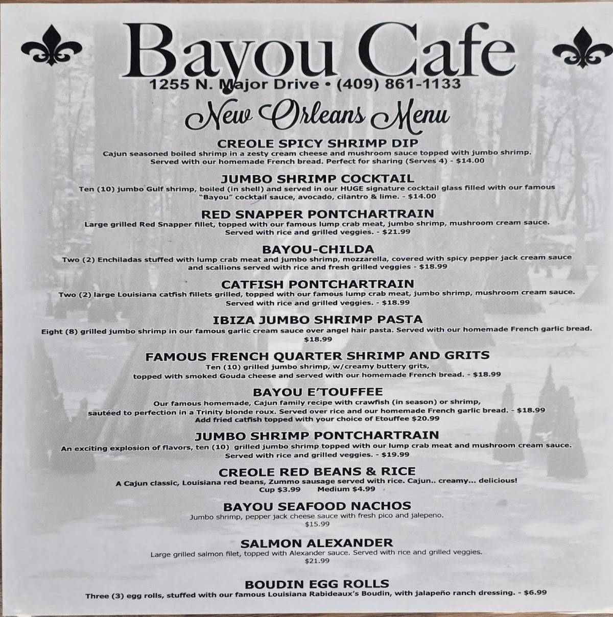 Menu at Bayou Cafe, Beaumont, N Major Dr