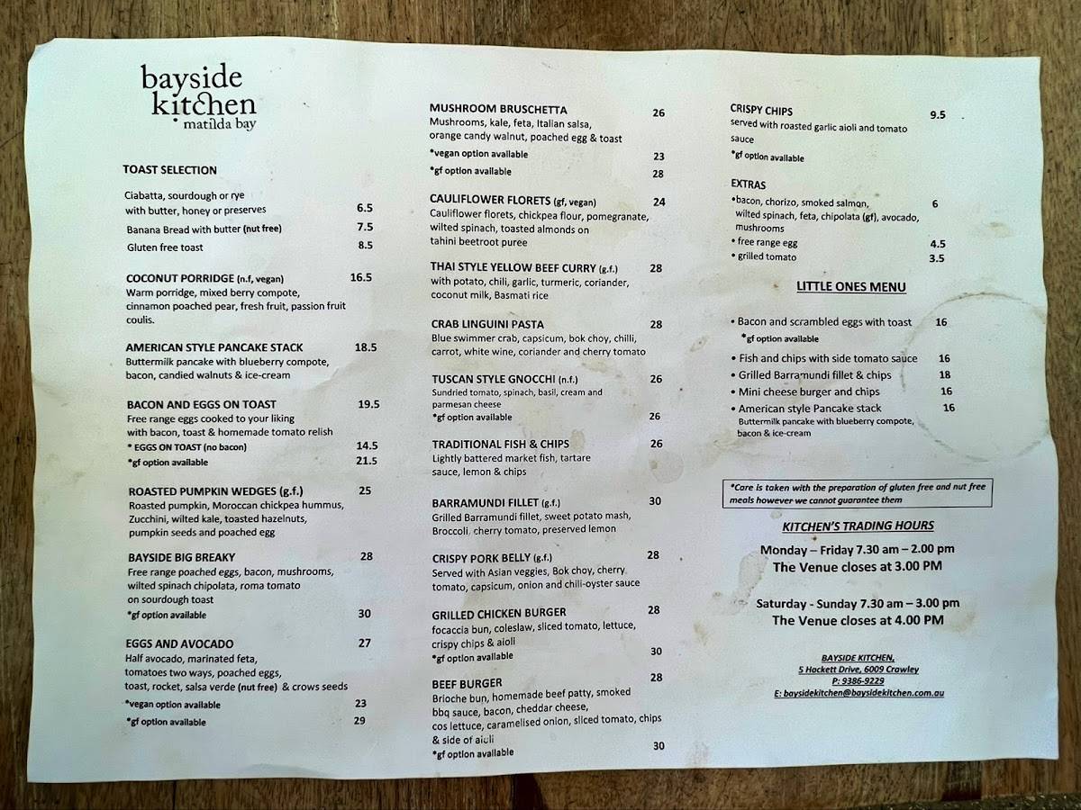 Menu at Bayside Kitchen cafe, Crawley