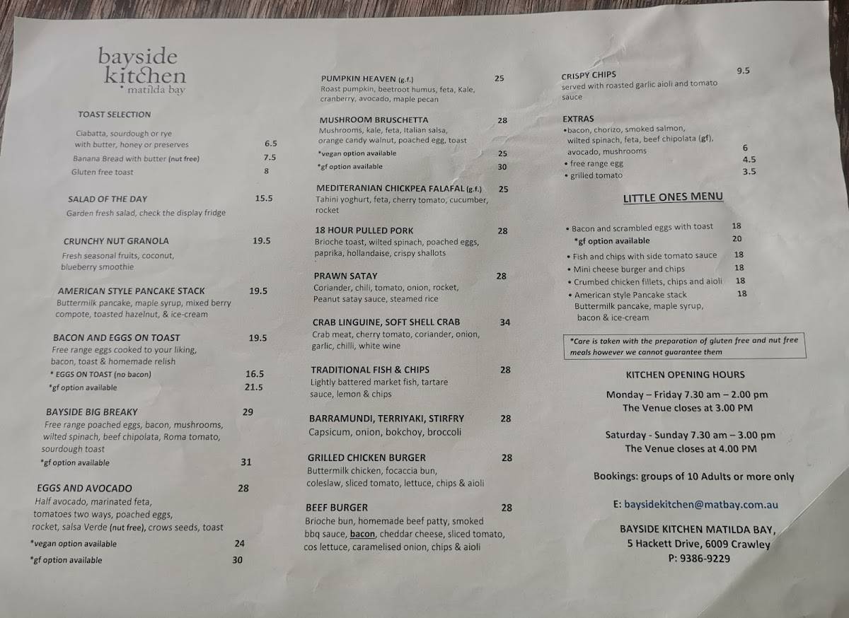 Menu at Bayside Kitchen cafe, Crawley